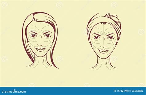 Vector Portrait Of Young Woman With Massage Lines Face Massage Layout