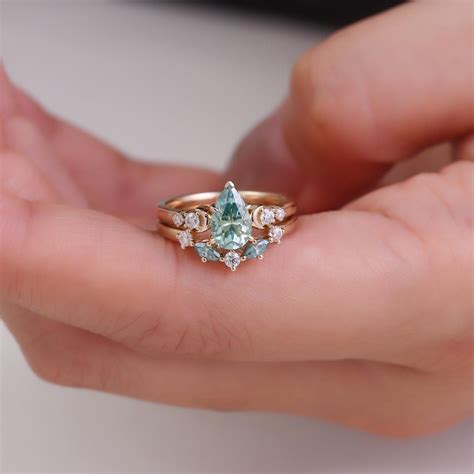 3ct Pear Cut Blue Green Moissanite Diamond Engagement Ring Set 14k Gold
