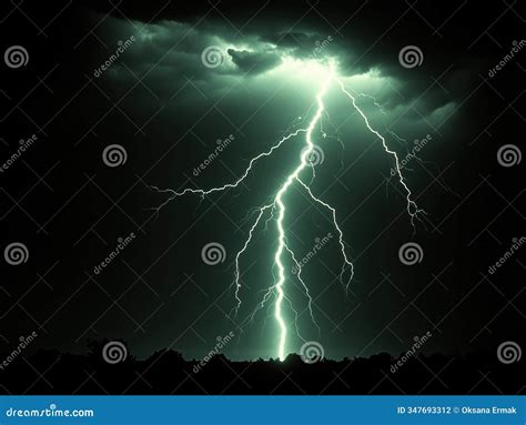 Dramatic Night Sky With Bright Lightning Striking Over Dark Silhouettes