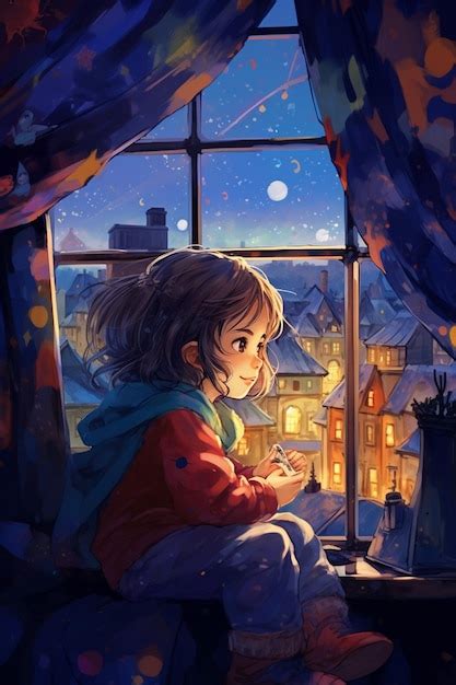 Premium Ai Image Anime Girl Sitting On A Window Sill Looking Out At The Night Generative Ai