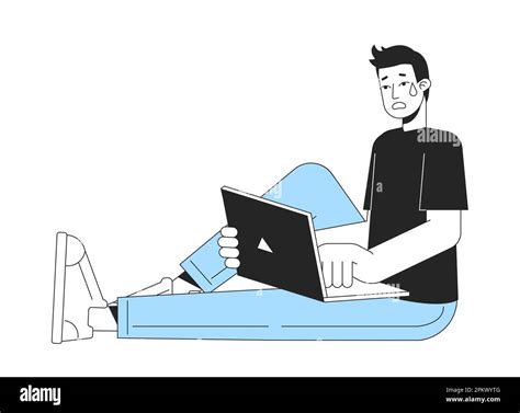 Crying Young Man With Laptop Flat Linear Duo Color Vector Character