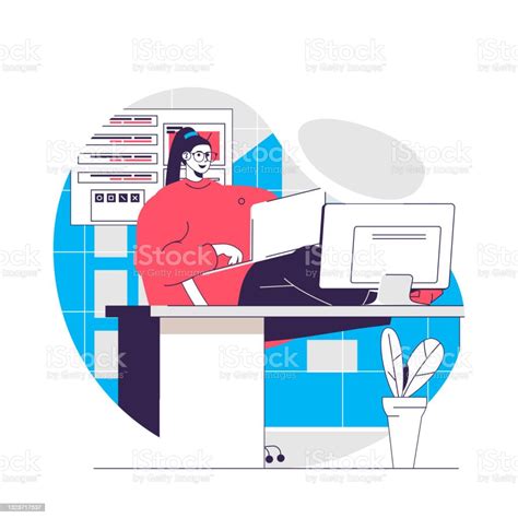 Devops 웹 개념 여성 프로그램 코드를 쓰고 사무실에서 작동합니다 개발 운영 인력 현장 플랫 문자는 웹 사이트에 대한 디자인