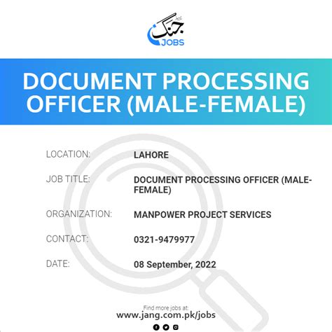 Document Processing Officer Male Female Job Manpower Project