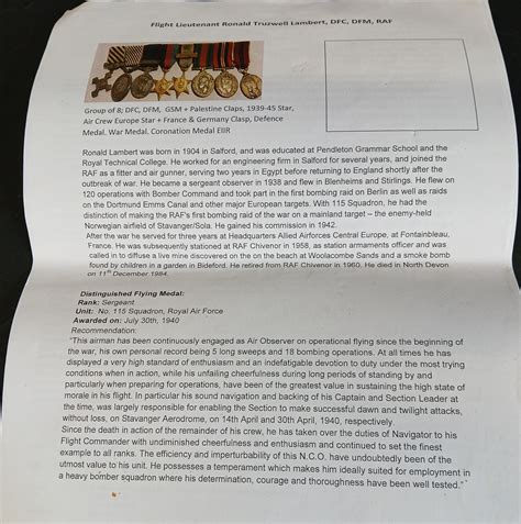 Set Of Miniature Medals Awarded To Ronald Lambert Dfc Dfm Raf And