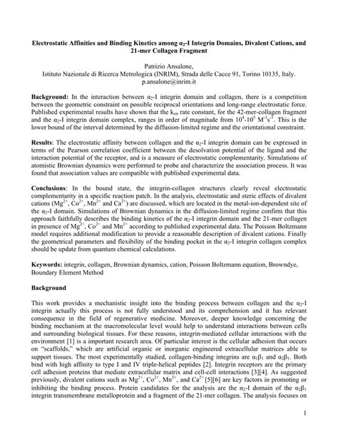 Pdf Electrostatic Affinities And Binding Kinetics Among α2 I Integrin