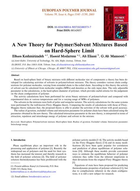 Pdf A New Theory For Polymersolvent Mixtures Based On Hard Sphere Limit