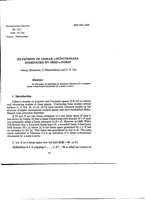 Pdf Extension Of Linear N Functionals Dominated By Semi N Norm