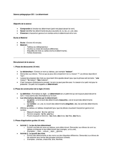 Fiche De Sequences Pédagogiques En Grammaire Ce1le Déterminant
