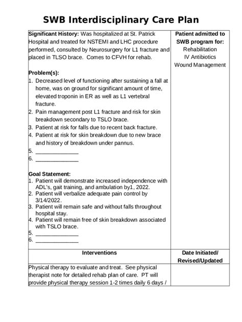 Swb Interdisciplinary Care Plan Significant History Doc Template