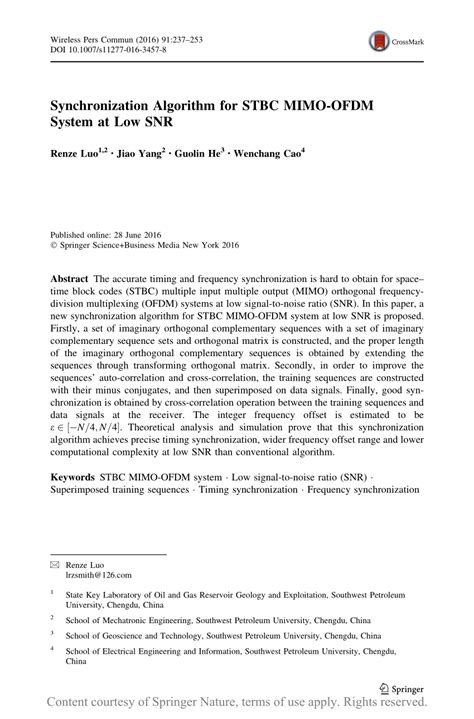 Synchronization Algorithm For Stbc Mimo Ofdm System At Low Snr Request Pdf