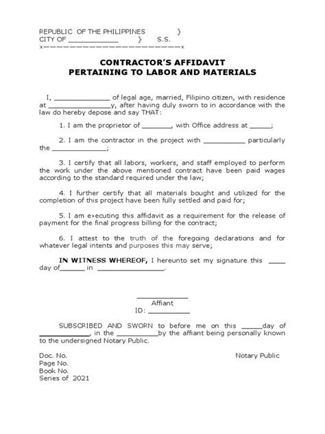 Sample Affidavit Of Payment Of Labor And Materials Pdf