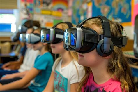 Elementary Students Exploring Virtual City Through Vr Headsets In