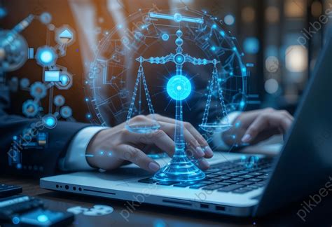 Hands Typing On Laptop With Justice Scale Icon Hologram Overlay Blue Background Backgrounds