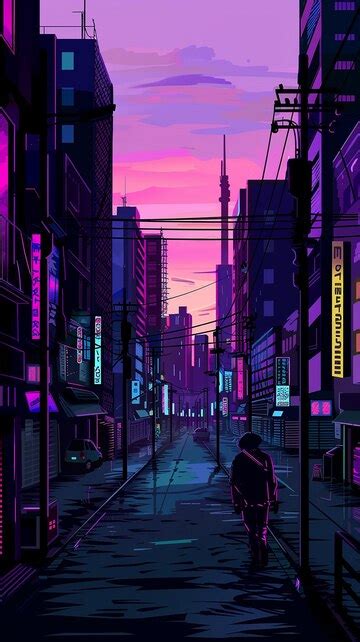 Pixel Art Neon Lit Street In A Big City At Sunset Premium Ai