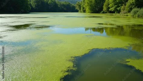 Toxic Algal Bloom Covers Lake Water Green Algae Caused By Nutrient