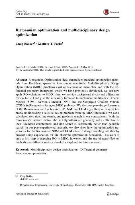 Pdf Riemannian Optimization In Multidisciplinary Design Optimization