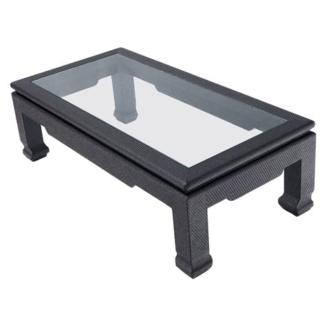Cloth Wrapped Black Lacquer Glass Top Rectangular Coffee Table For Sale