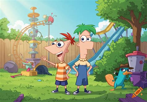 Phineas And Ferb And Perry The Platypus In Their Backyard With An