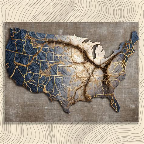 United States Map Canvas Wall Art Modern Navy And Gold Relief Map