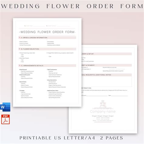 Printable Wedding Flower Order Form Editable Wedding Floral Arrangement Request Document