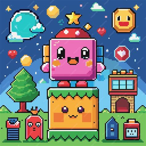 Pixelated Illustration Of A Cute Character On A Platform With A Star Hearts Clouds And Other