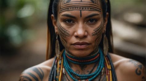 Closeup Portrait Of An Amazonian Tribal Woman With Facial Tattoos