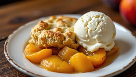 Peach Cobbler With A Buttery Biscuit Topping And A Scoop Of Melting