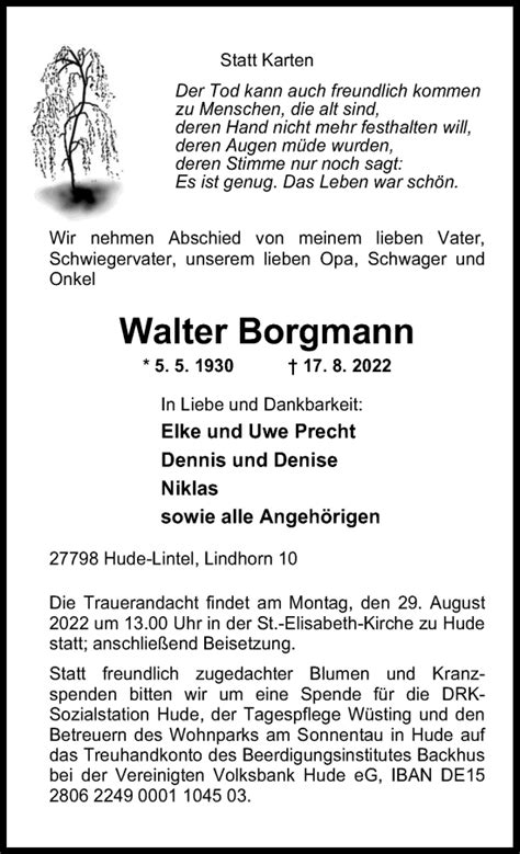 Traueranzeigen Von Walter Borgmann Noz Trauerportal