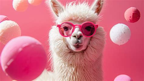 The Fluffy Alpaca In Big Pink Glasses Close Up A Fullface On A Pink