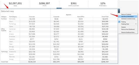 optimize space usage in tableau dashboard with hidden containers