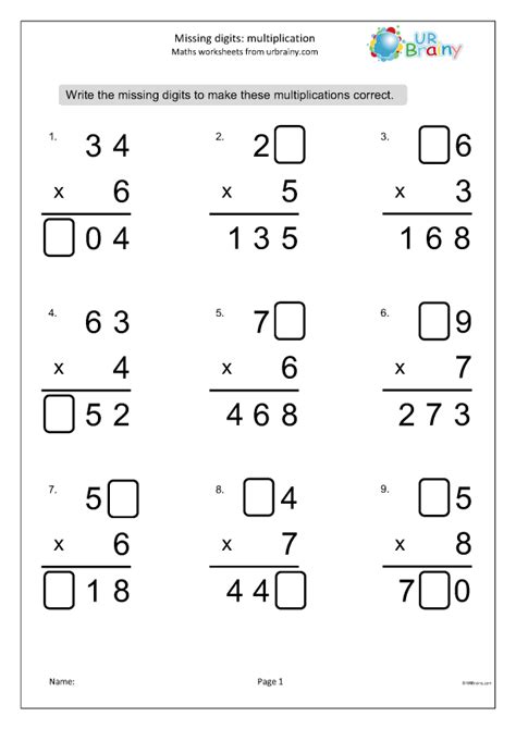 Multiplication Missing Digits 2 X 1 Multiplication By