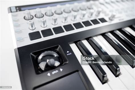 Closeup Of A Midi Keyboard Controller With Knobs Keys And Modulation