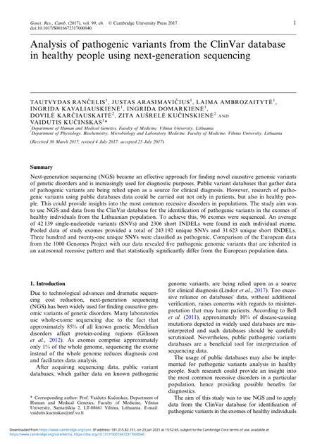 Pdf Analysis Of Pathogenic Variants From The Clinvar Database In