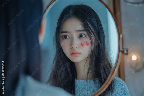 Dermatology Puberty Asian Young Woman Girl Looking Into Mirror