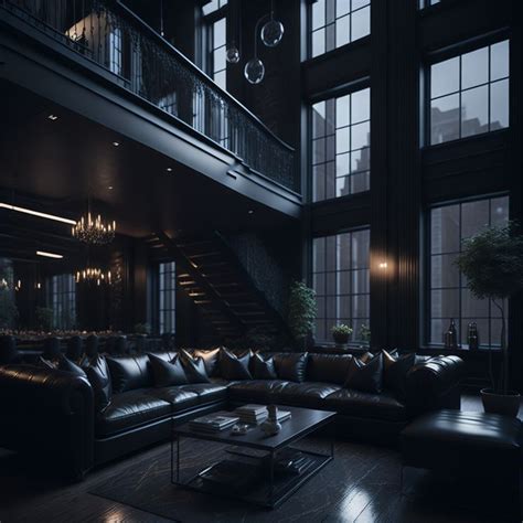 Black Living Room Loft Mansion Interior Dark Modern House Luxury