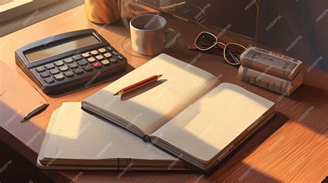 Premium Photo A Desk With A Notebook Pen Calculator And Glasses