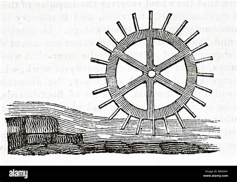 Engraving Depicting An Undershot Water Wheel Dated 19th Century Stock