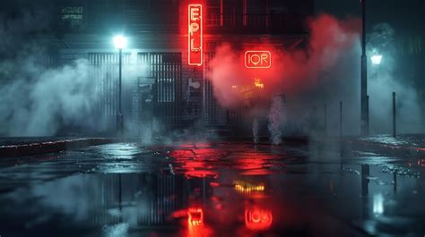 Neon Light Reflections On Wet Asphalt With Searchlight Effect Premium