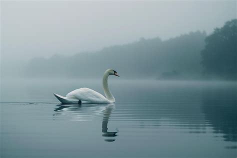 A White Swan Swimming In A Lake On A Foggy Day Background 48140667