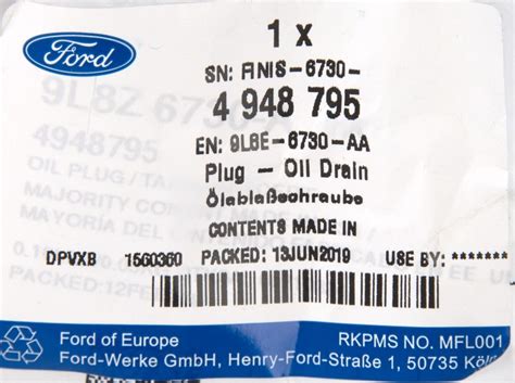 KOREK SPUSTU OLEJU _ 4948795 _ 9L8E-6730-AA _ 9L8Z-6730-A | | Ford ...