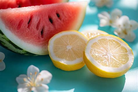 Sliced Lemons And Watermelon On Turquoise Surface Stock Image Image