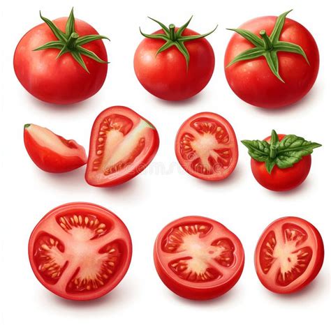 A Collection Of Fully Ripened Tomatoes Both Whole And Sliced Are Set