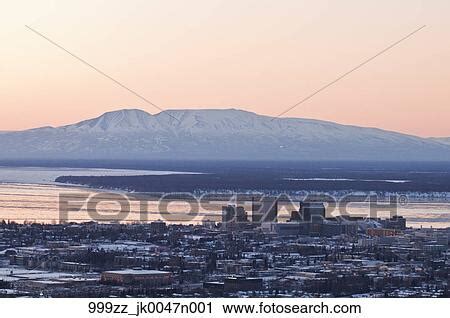 Aerial View Of The Downtown Anchorage Skyline With Mt Susitna