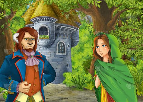 卡通自然景观与美丽的城堡与王子和公主插图