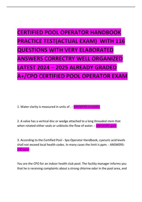 Certified Pool Operator Handbook Practice Testactual Exam With 116