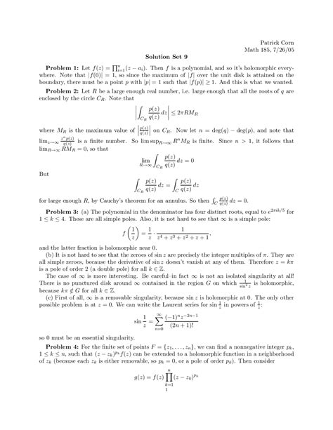 Solution Set 9 For Introduction To Complex Analysis Math 185 Docsity
