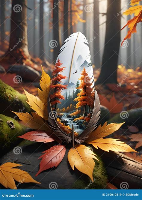 Autumn Feather In An Autumn Forest Surreal Beautiful Landscape Image