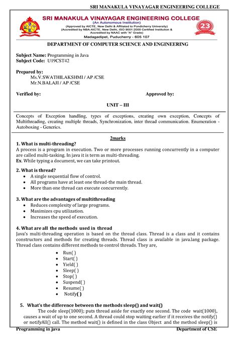 Unit Iii 1 Java Notes Department Of Computer Science And Engineering Subject Name