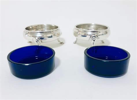 Pair Of Georgian Solid Silver Salt Cellars With Blue Glass Liners