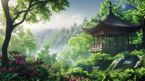 Serene Asian Garden With Pagoda Premium Ai Generated Image
